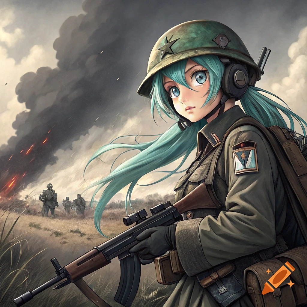 Anime illustration of a blue-haired girl in military uniform with a ...