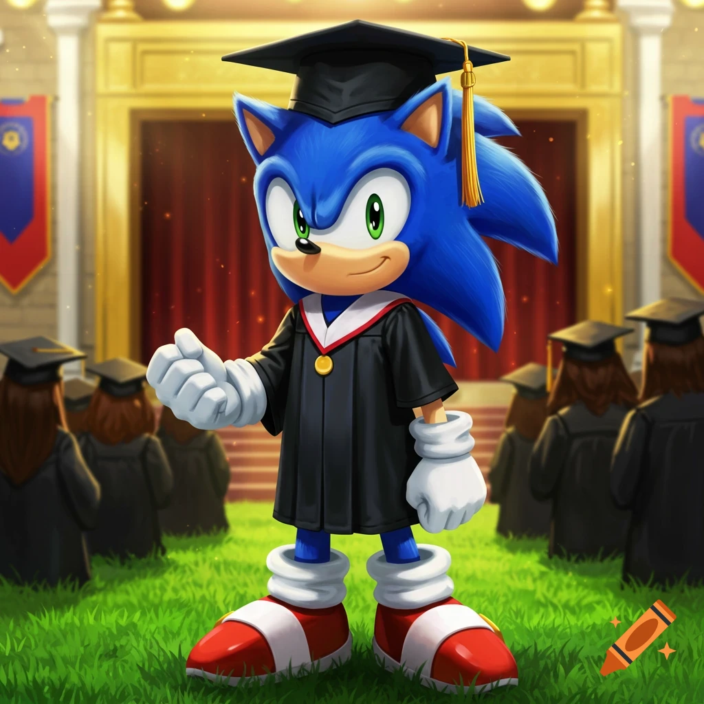 Sonic the Hedgehog wears a graduation cap and gown in front of a ...
