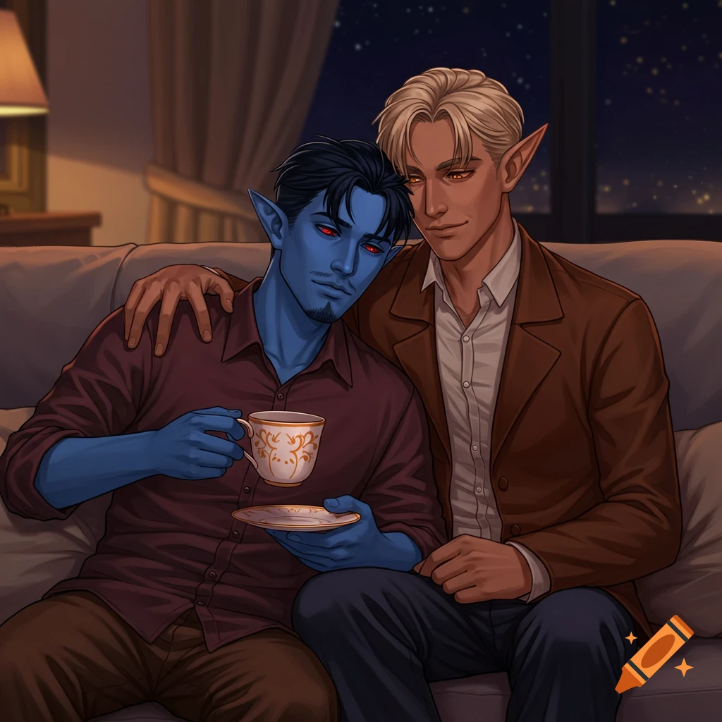 Blue-skinned male with red eyes holding a teacup, leaning on a tan ...