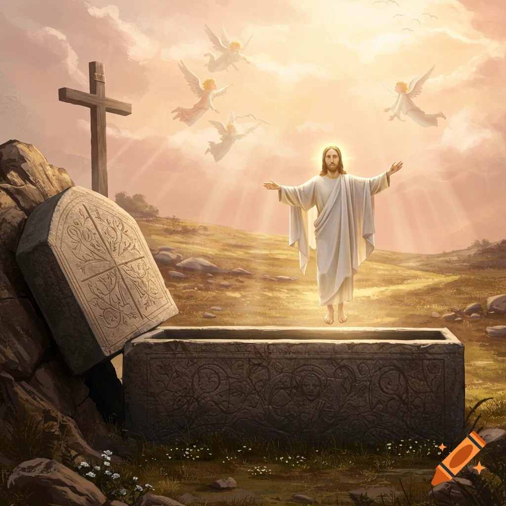 The Resurrection, showing Jesus standing before an open tomb with arms outstretched, a cross ...