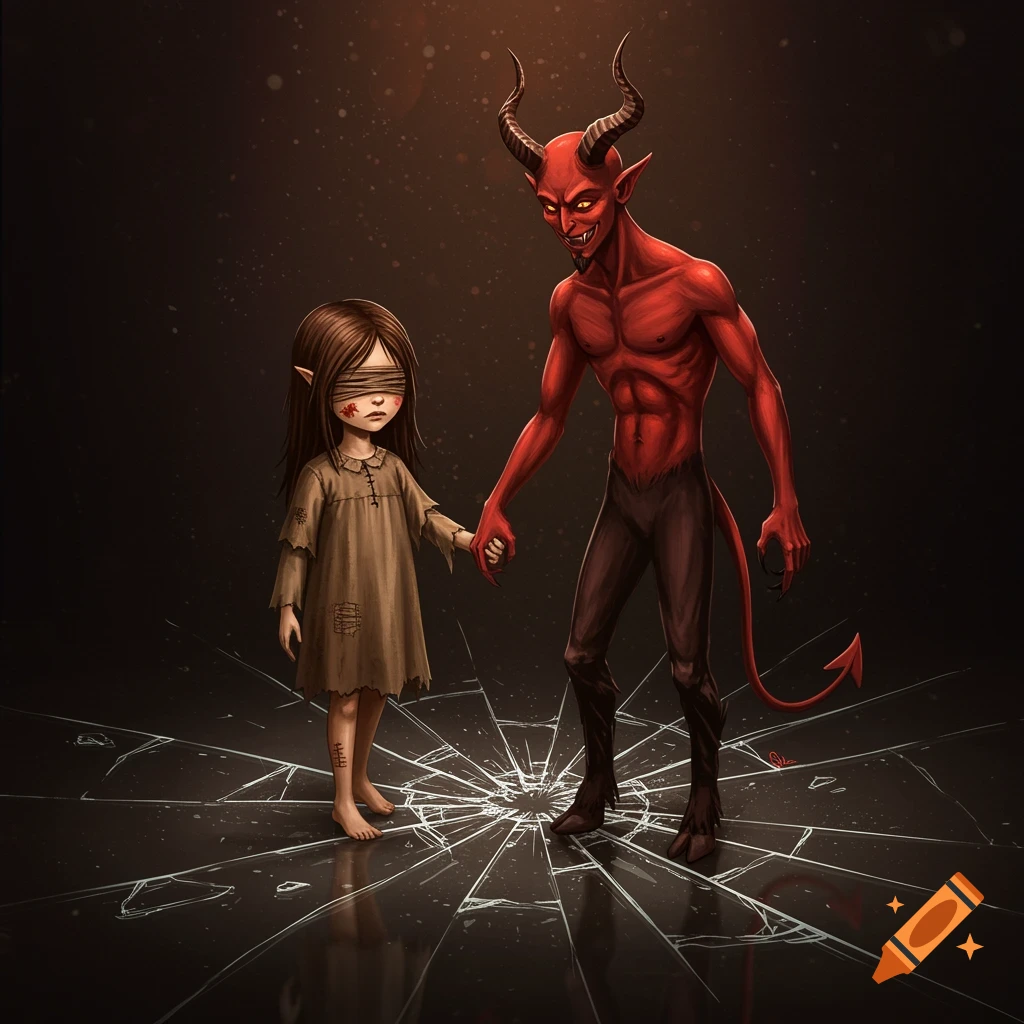 Girl with rag over eyes holding hands with the devil on glass on Craiyon