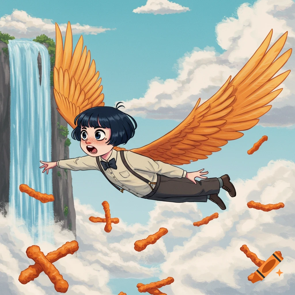 1930s style person with bowl haircut flying with winged waterfall and ...