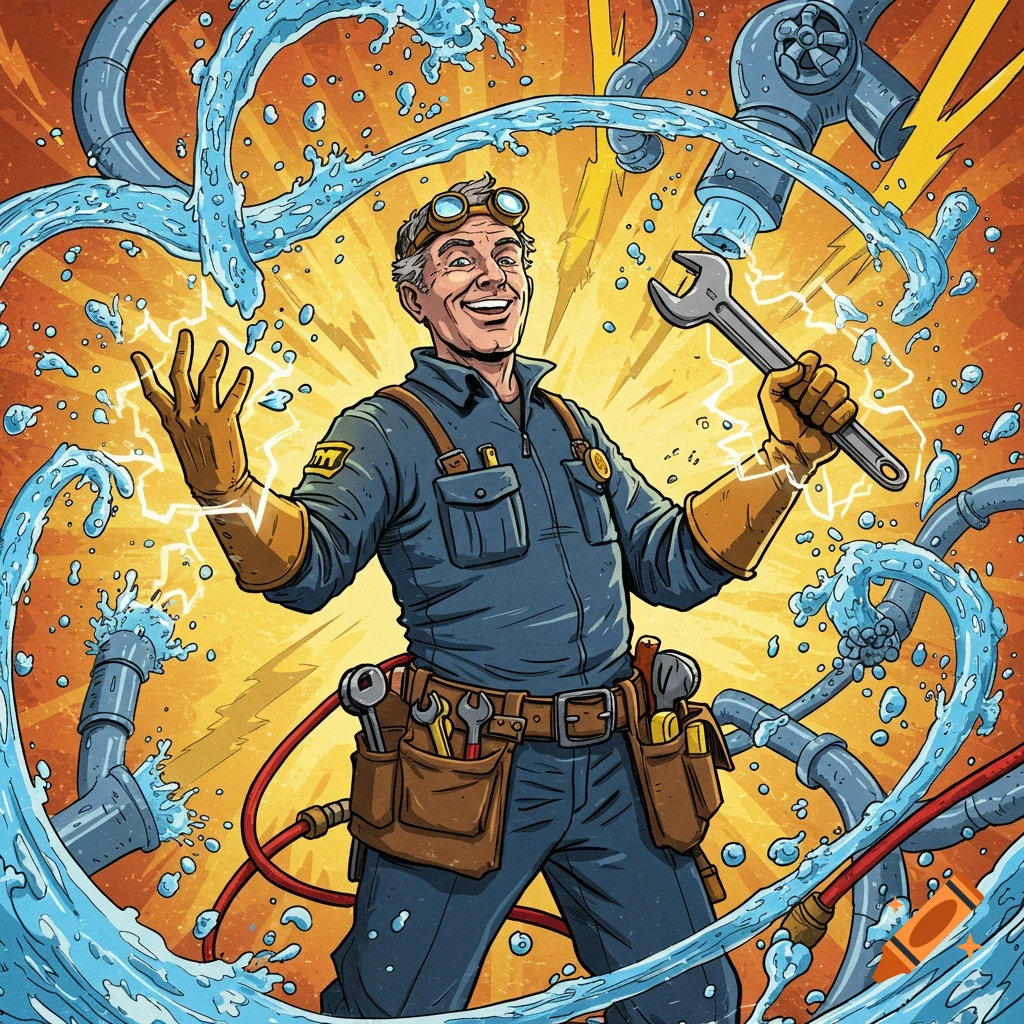 A cartoon man in a red flannel shirt stands heroically on a raft in a ...