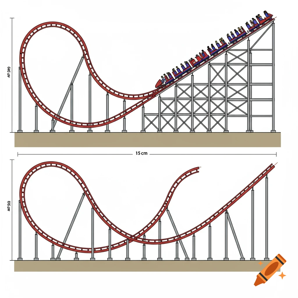Drawing of a roller coaster with two vertical and six horizontal loops ...