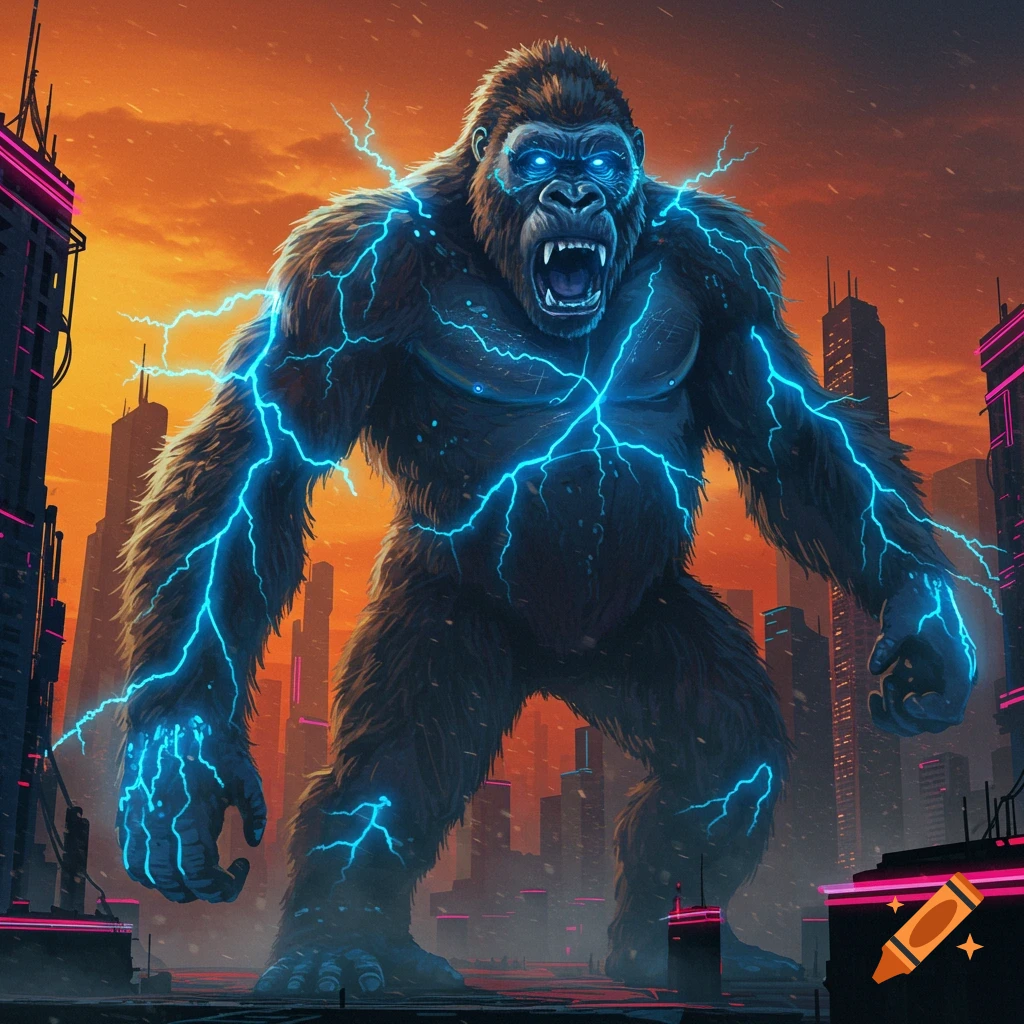 A giant ape monster with blue electricity in a futuristic city at ...