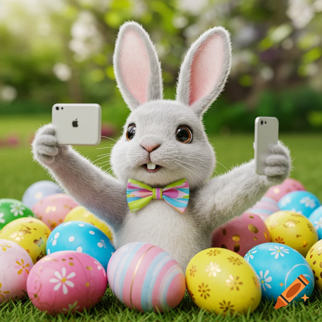 Easter bunny selfie with colorful eggs on Craiyon