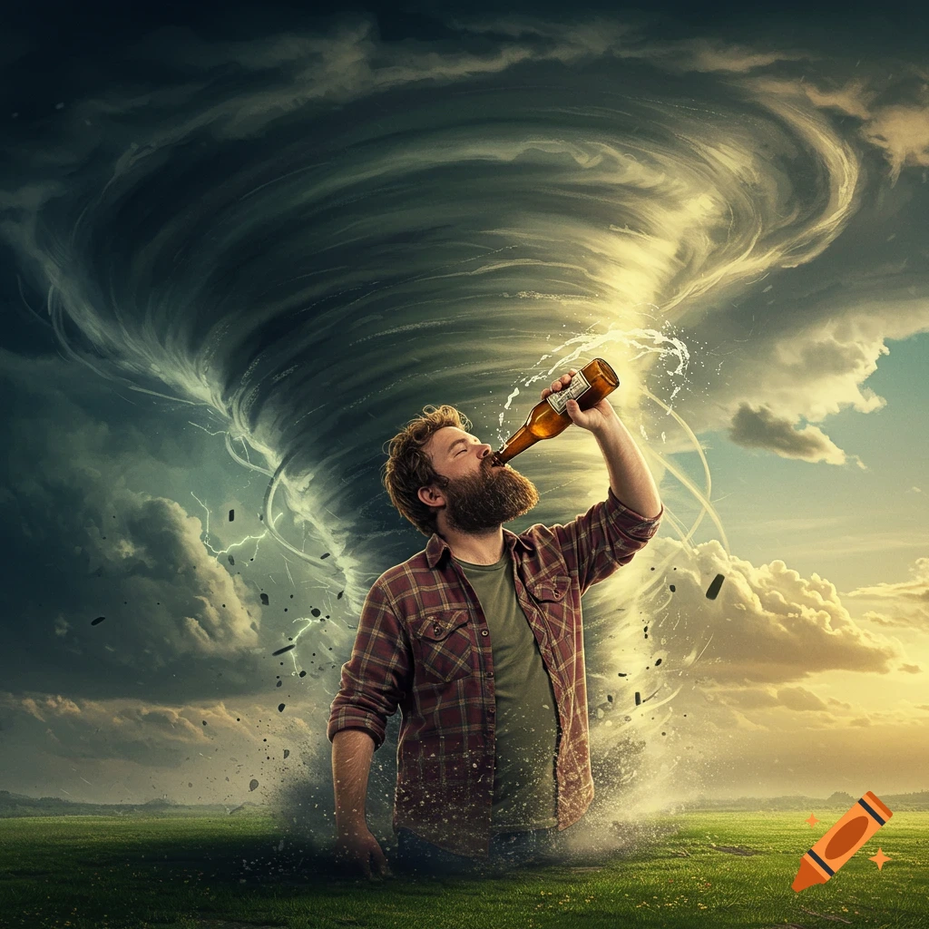 Man drinking beer in tornado on Craiyon