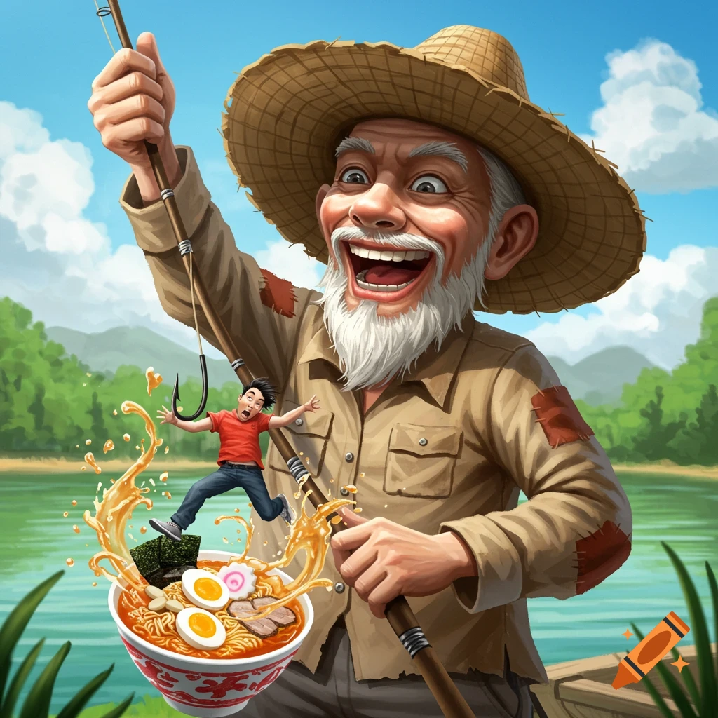 Humorous illustration of an old man fishing a small man out of a ramen ...