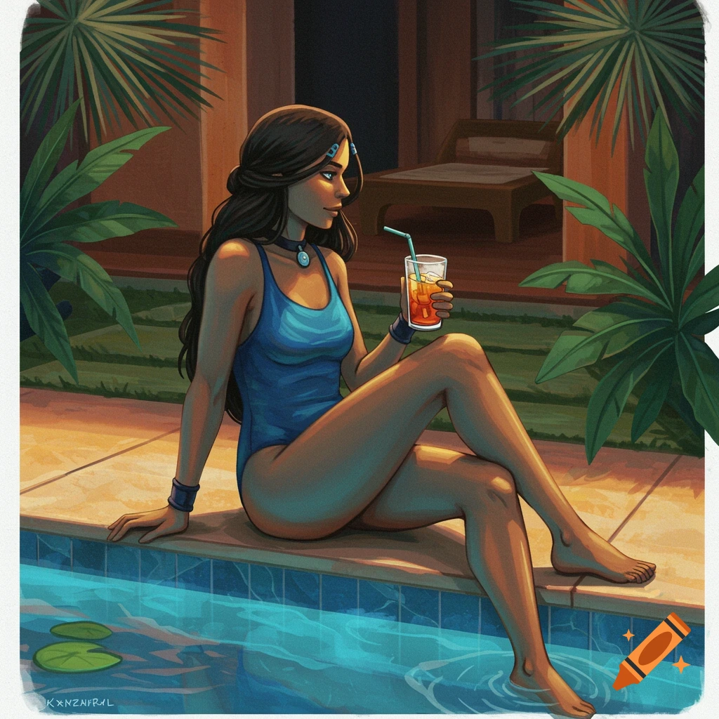 Katara in blue swimsuit drinking iced tea by a pool on Craiyon