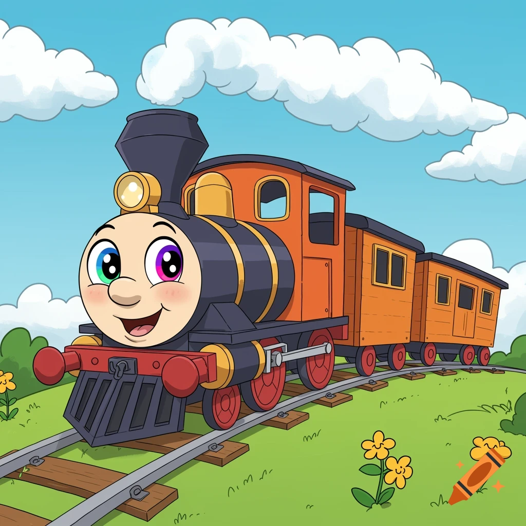 Cartoon anthropomorphic train with baby caboose on Craiyon