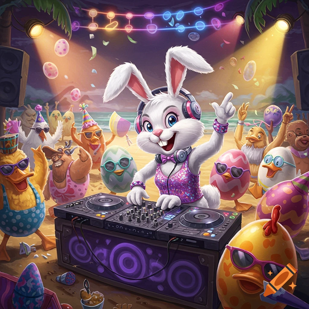 Easter bunny DJ with partying eggs on a beach on Craiyon