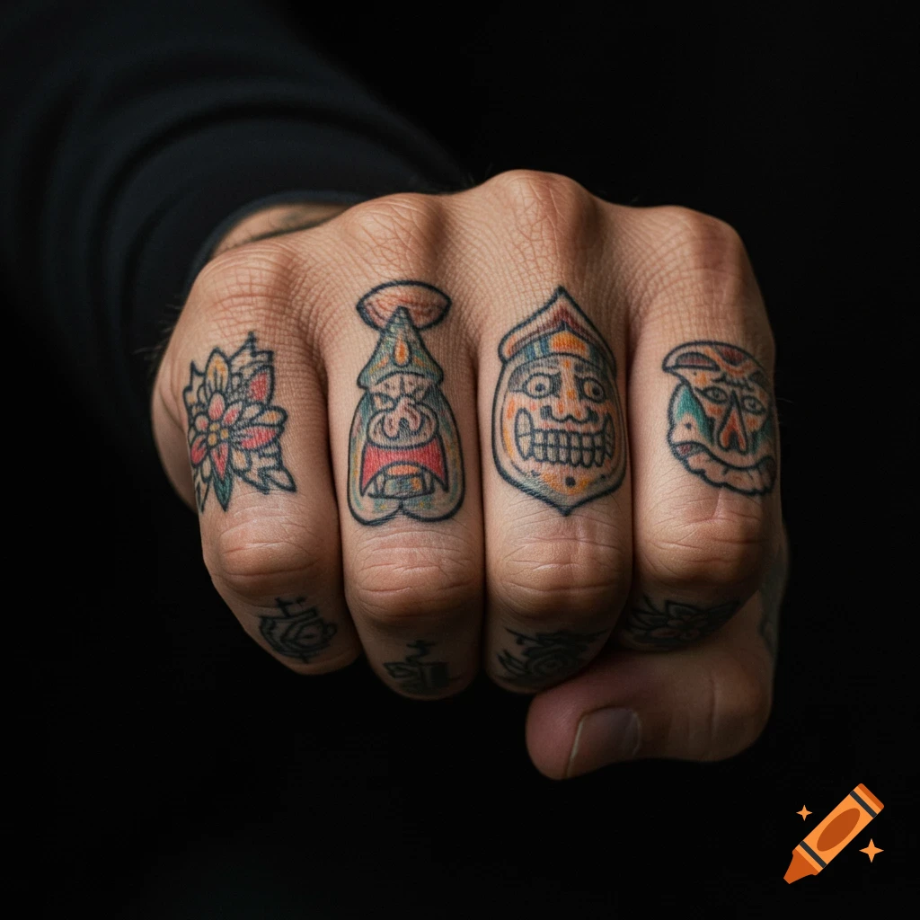 Close-up photo of a closed fist with colorful traditional-style tattoos ...