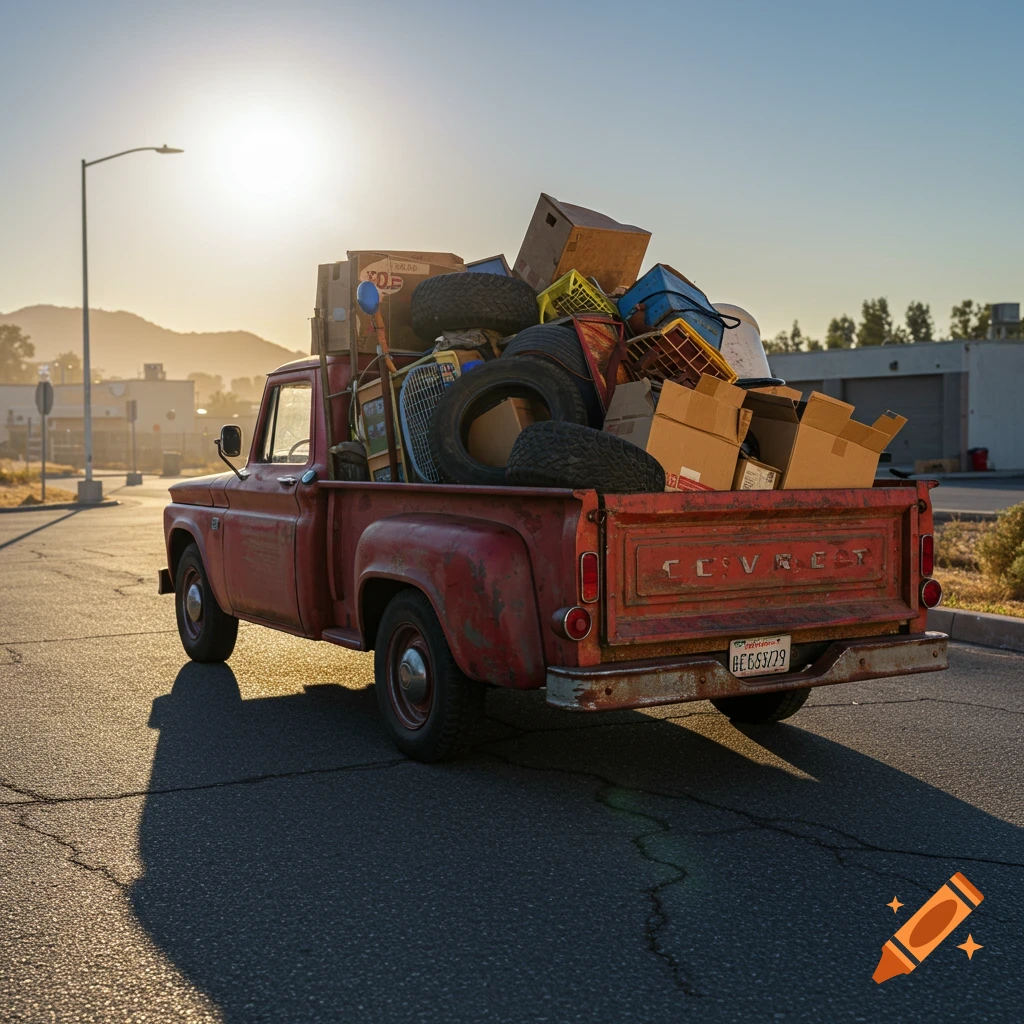 A rusty red pickup truck overloaded with junk drives down a road at sunset. on Craiyon
