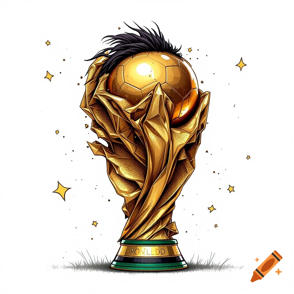 Stylized golden trophy resembling the World Cup with a football and ...