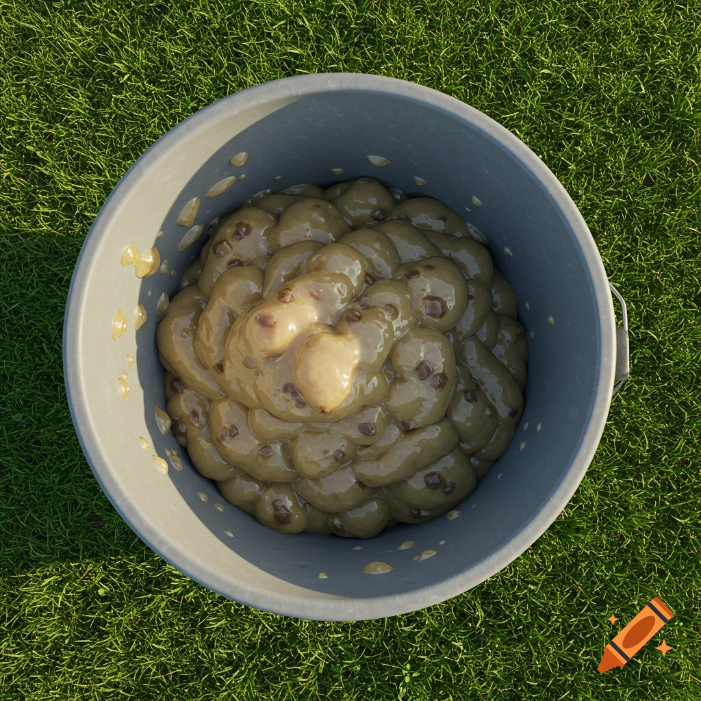 Aerial photo of vomit in a gray bucket on grass on Craiyon