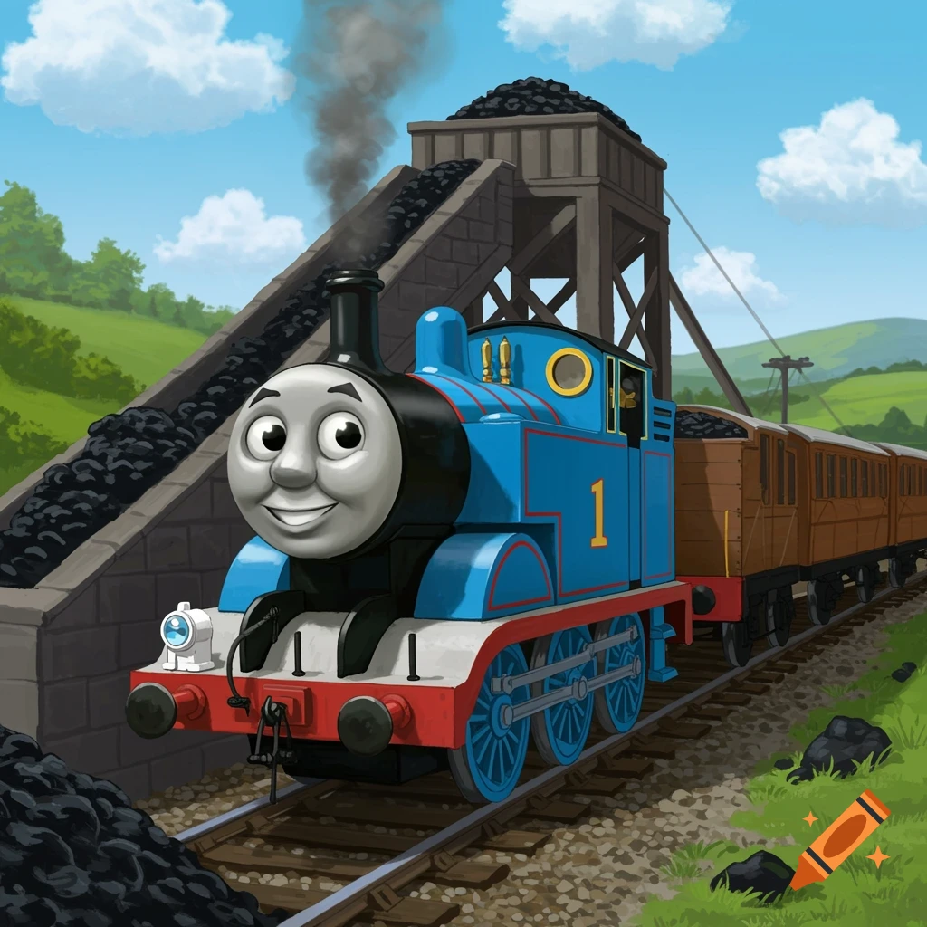 Cartoon Thomas the Tank Engine waiting at a coal hopper in a sunny landscape. on Craiyon