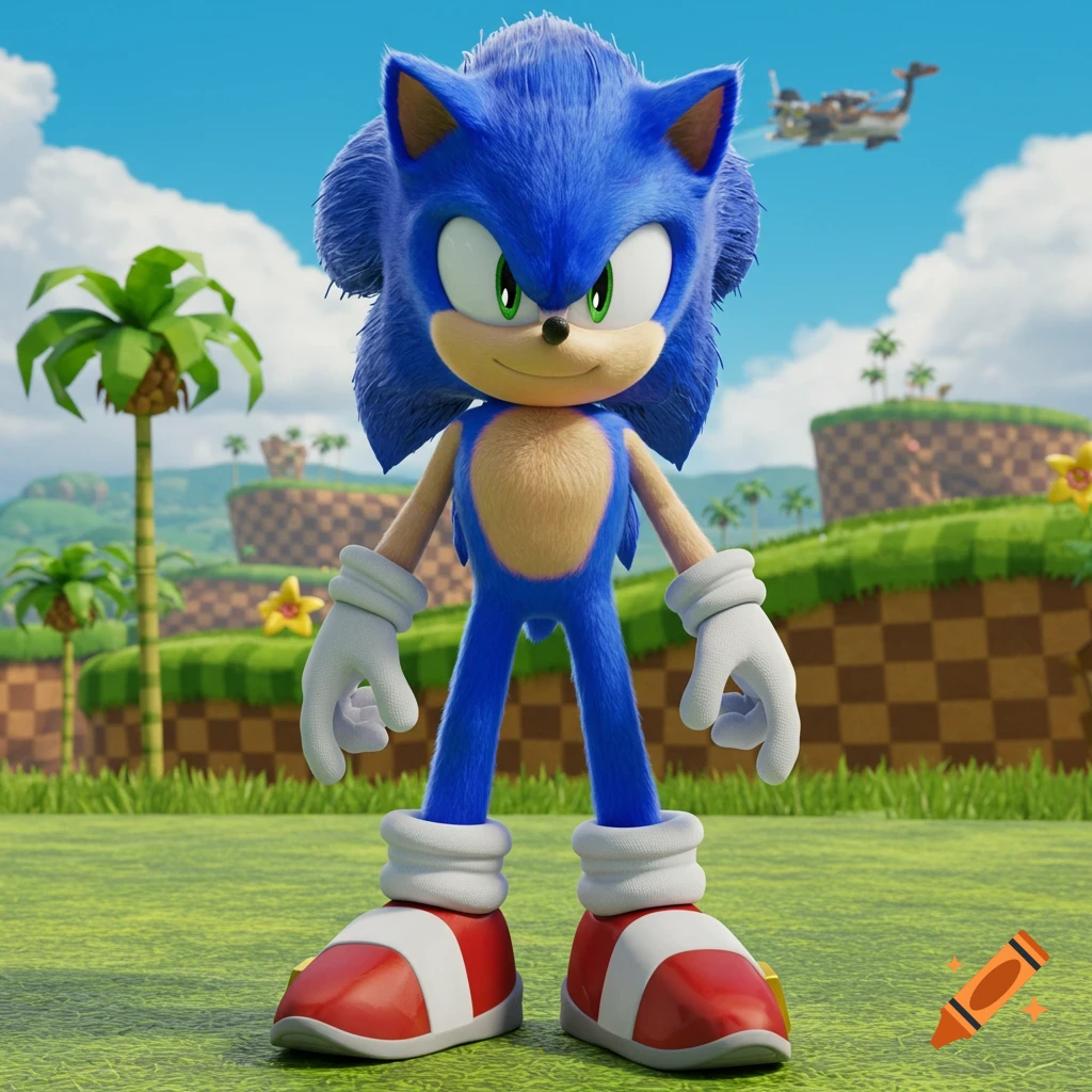 Sonic the Hedgehog character in denim outfit on sunny green hill on Craiyon