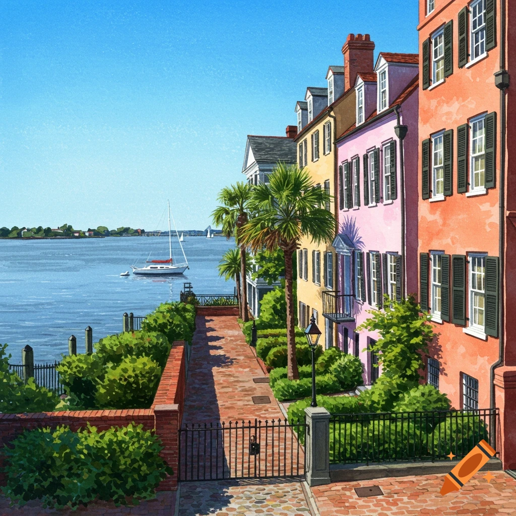 Colorful buildings along a waterfront in Charleston with palm trees and ...