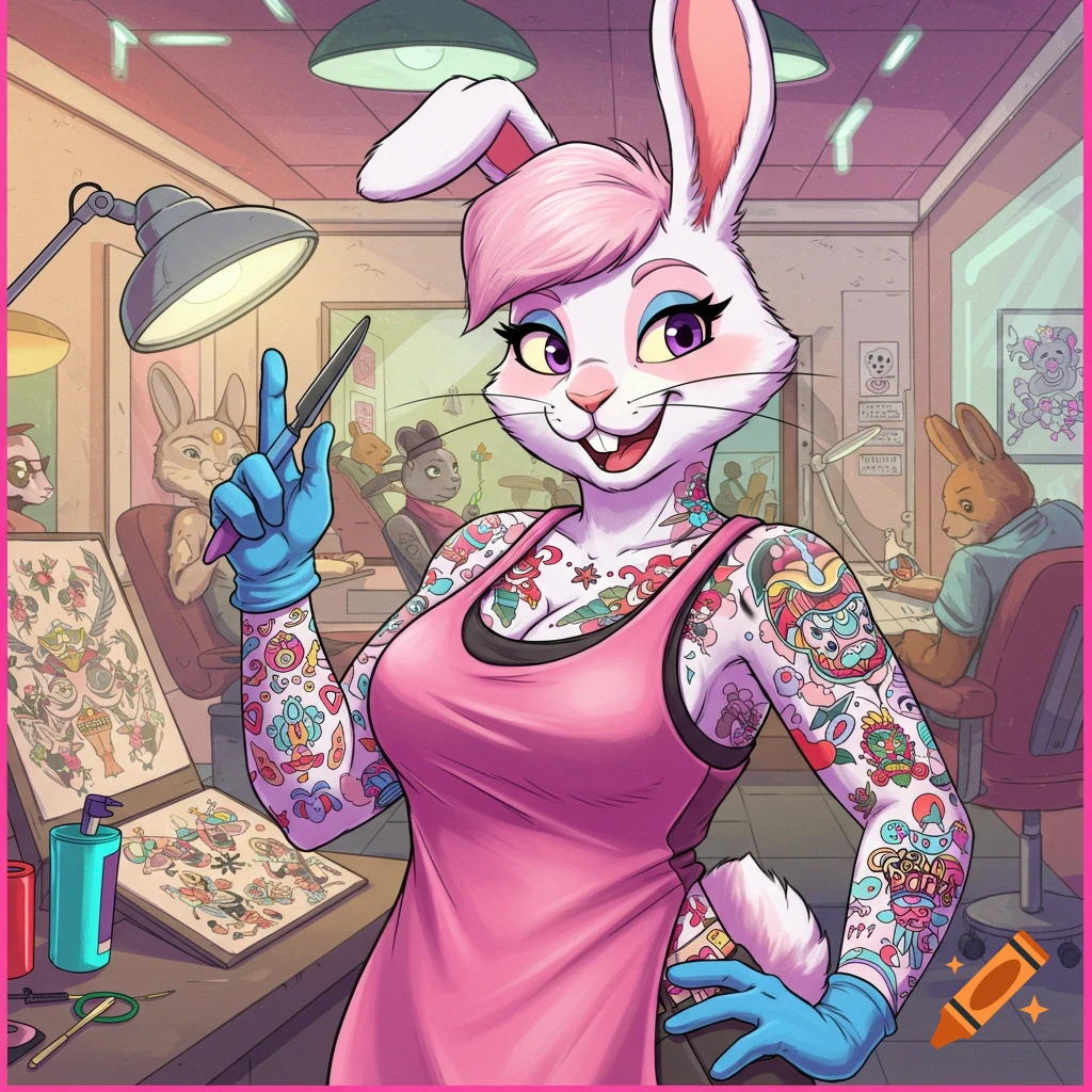 A cartoon rabbit with tattoos in a tattoo salon, holding a pen. on Craiyon