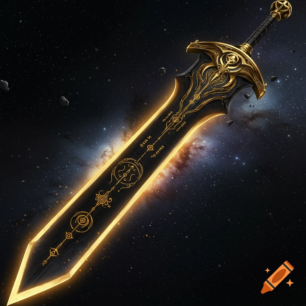 800 ft astral sword named Omega Vantheir, black and gold on Craiyon