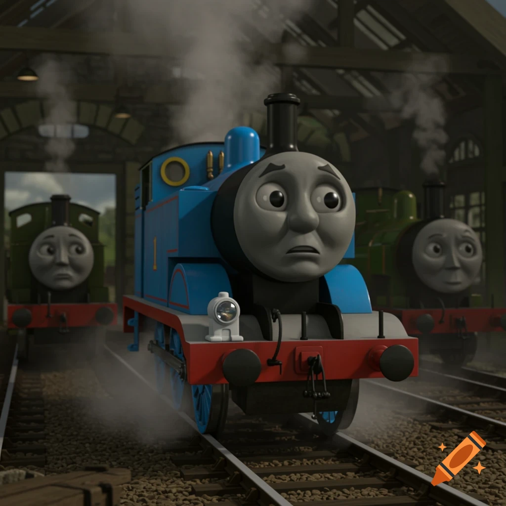 Sad Thomas the Tank Engine and other trains on a track under a dark, stormy sky. on Craiyon