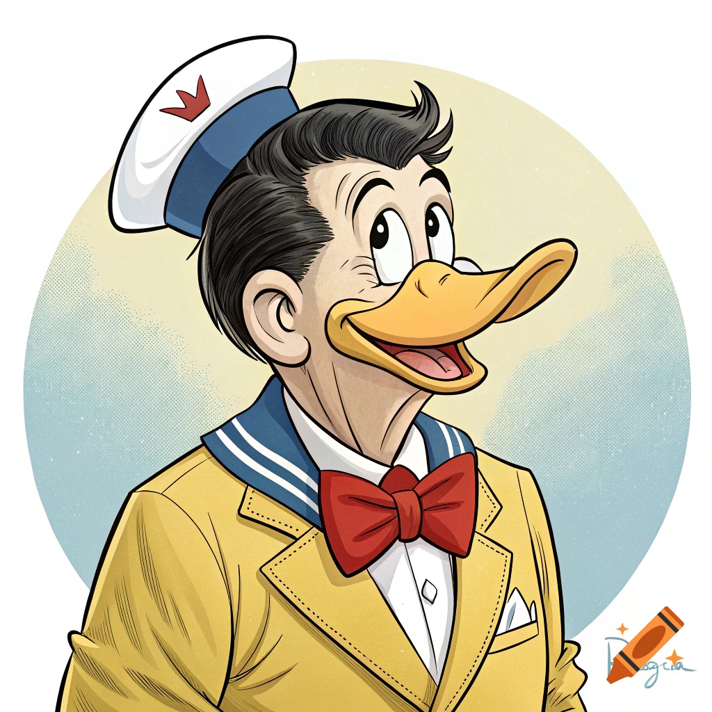 Cartoon portrait of a man with a duck beak wearing a yellow suit and ...