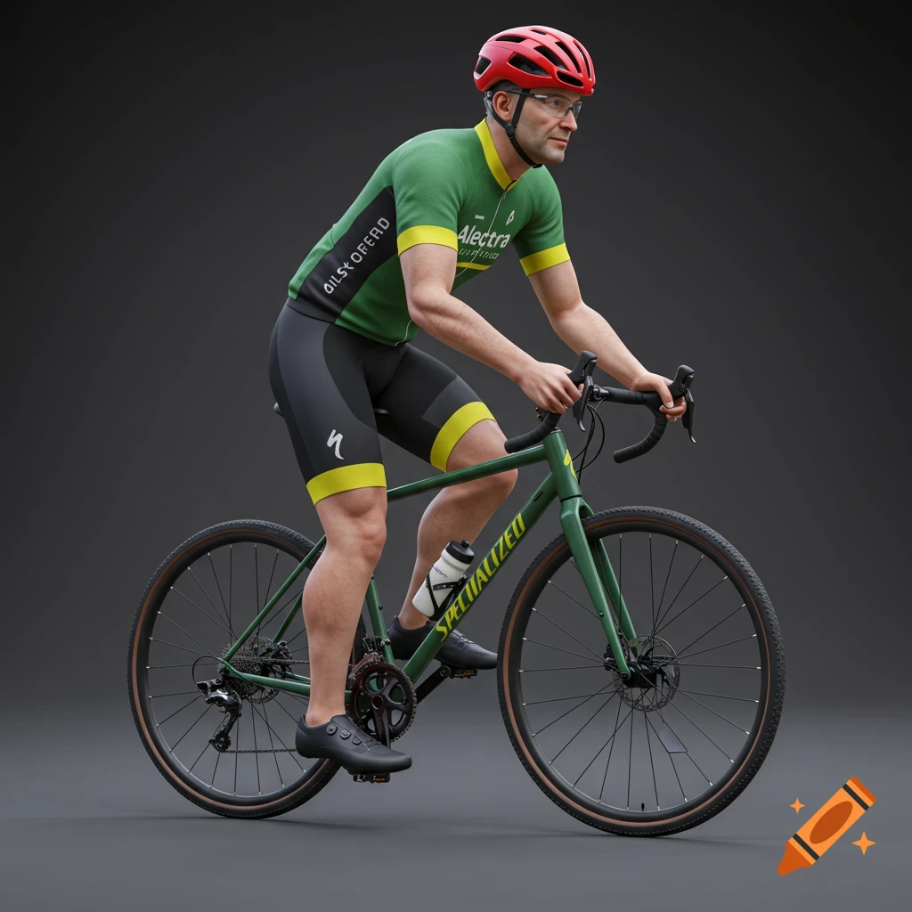 3D render of a 40-year-old Caucasian man on a dark green gravel bike ...