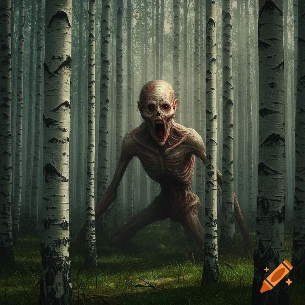 A horrifying creature with distorted limbs and a gaping mouth stands in ...