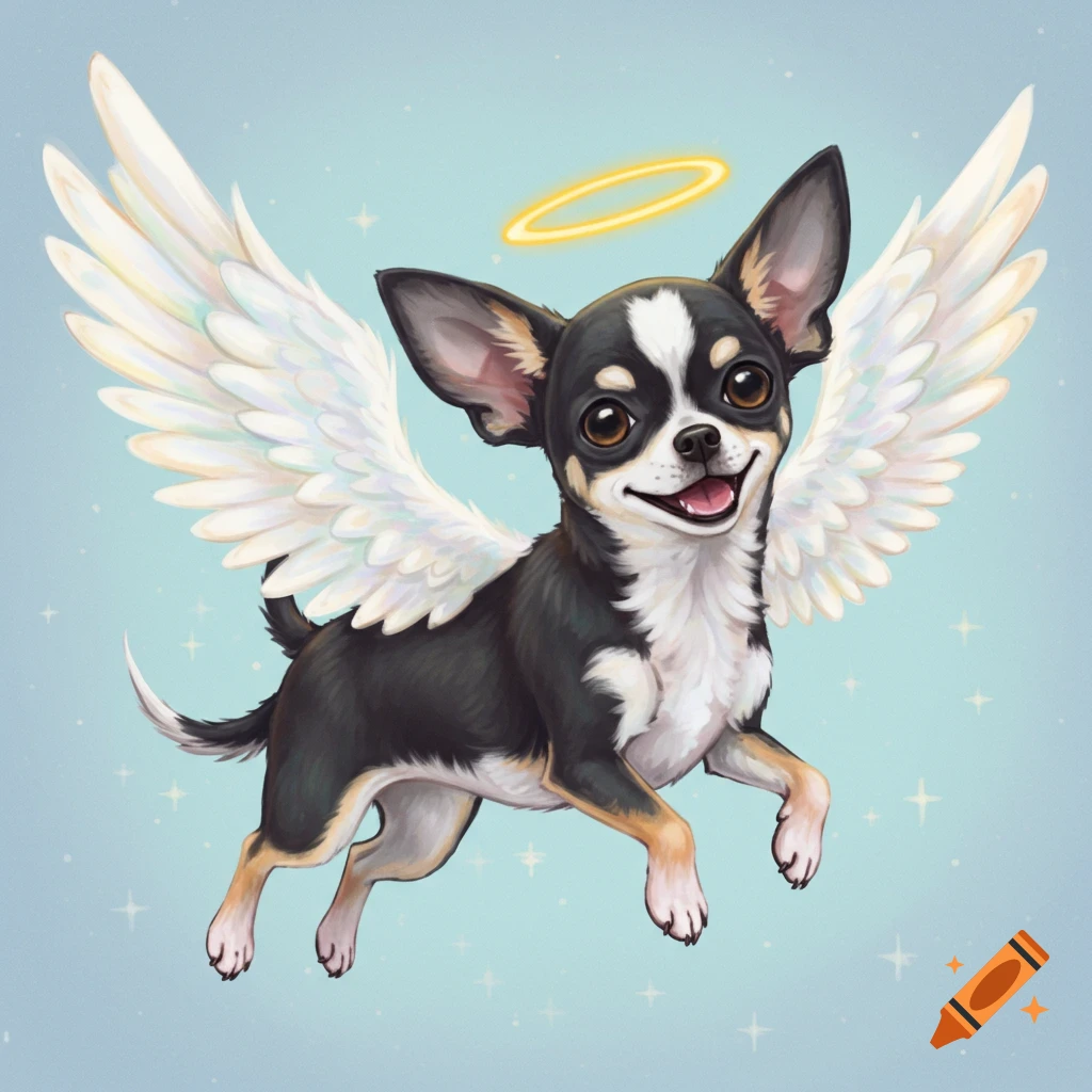 Black and white chihuahua with floppy ears, fuzzy angel wings, and a halo on Craiyon