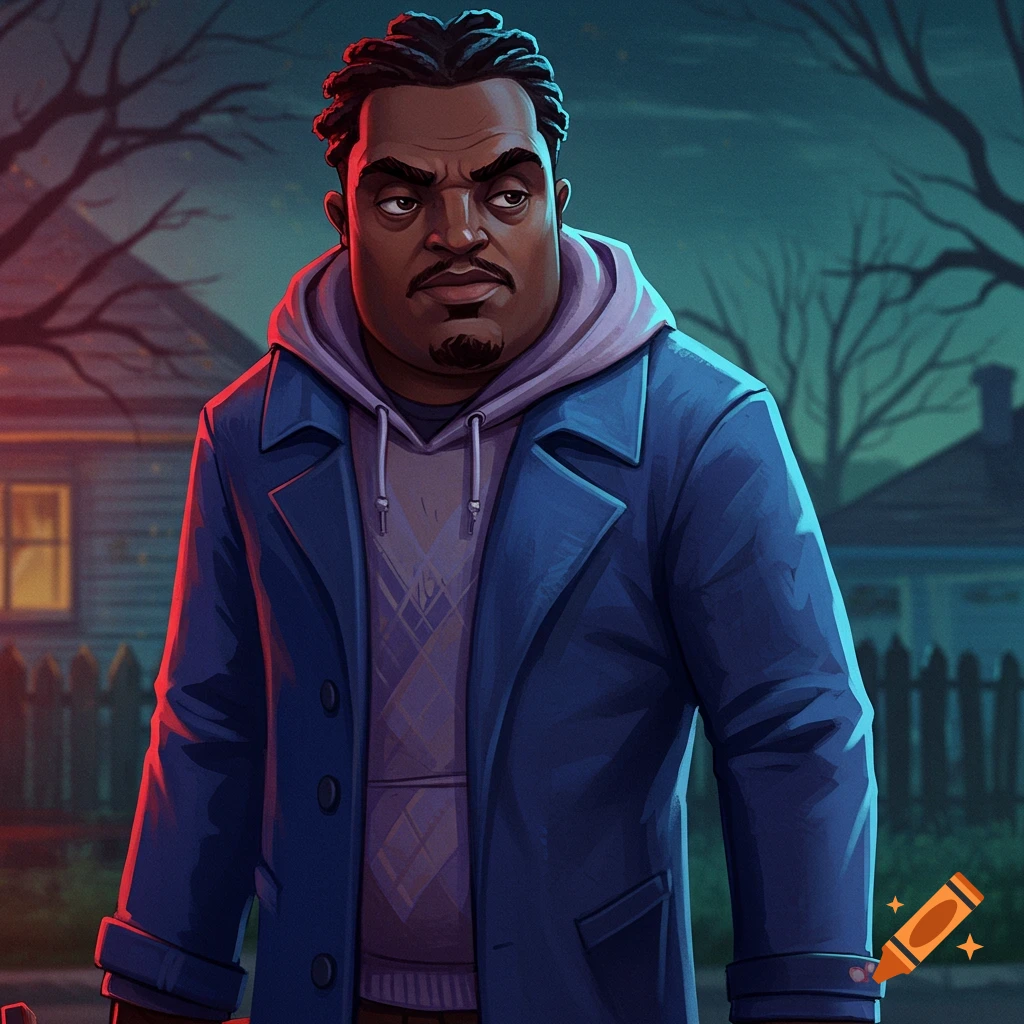 A black man wearing a blue coat and purple hoodie stands outside a ...