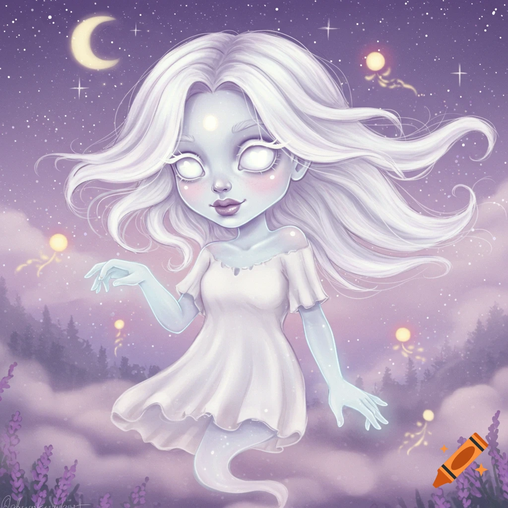 Cute ghost girl flying on a broomstick through a spooky forest at night under a crescent moon ...