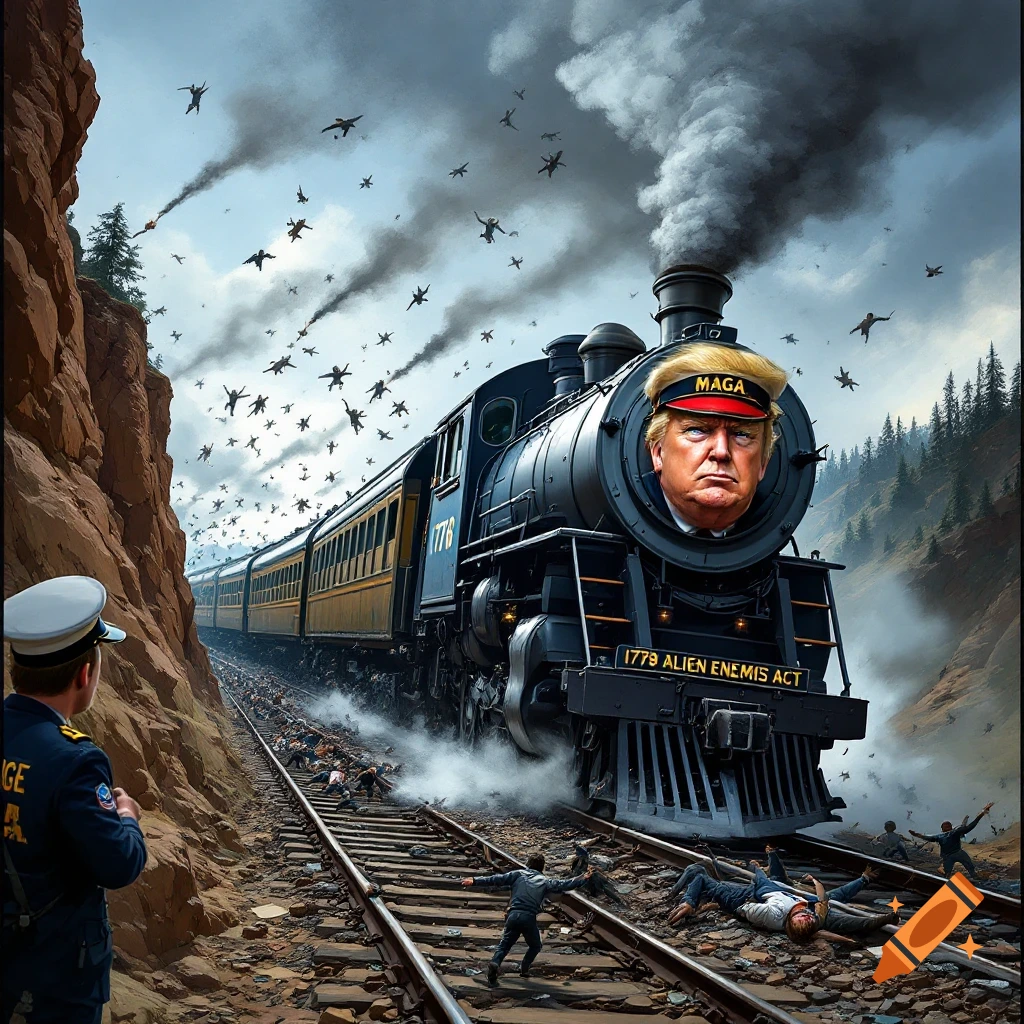 Cartoon of runaway train labeled '1798 ALIEN ENEMIES ACT' with Trump as ...