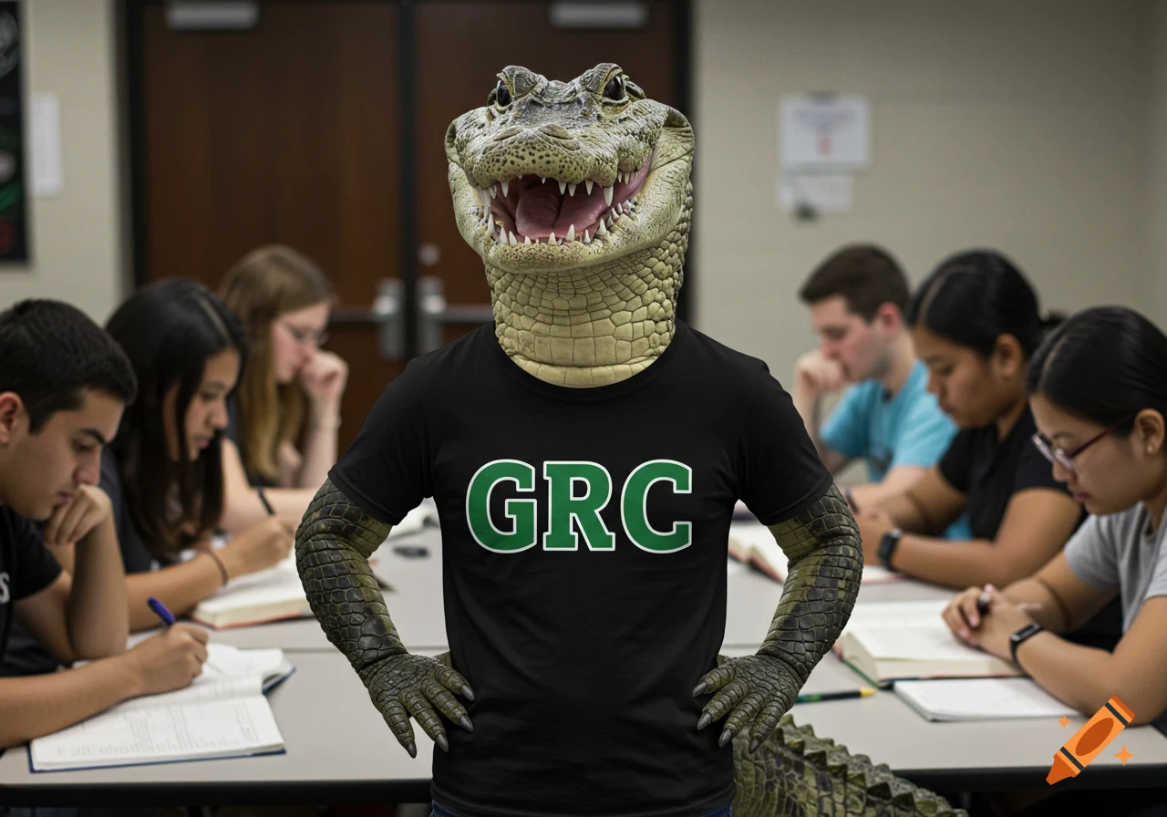 Cartoon alligator student wearing GRC shirt studying on Craiyon