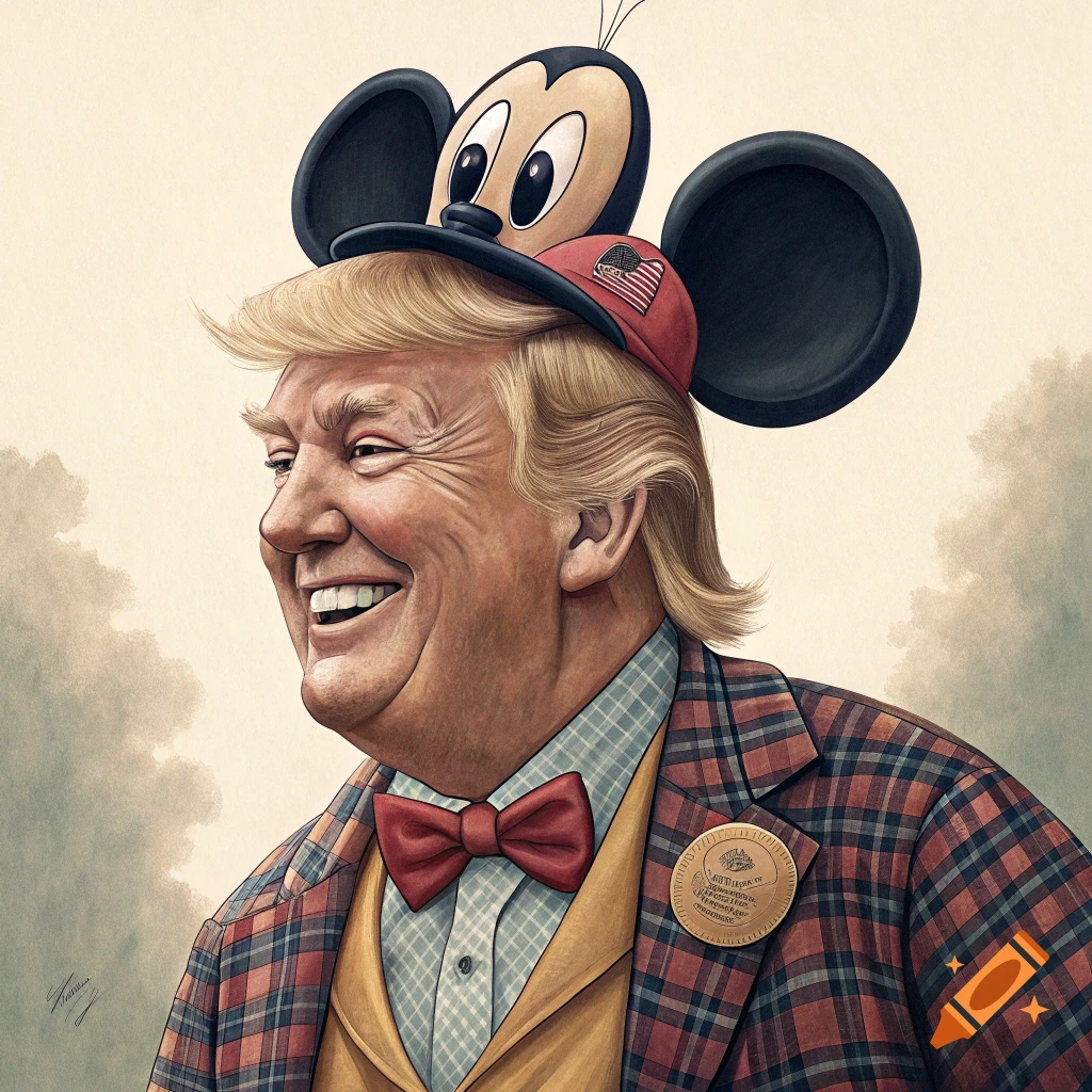 Cartoon illustration of Donald Trump wearing a Mickey Mouse hat ...