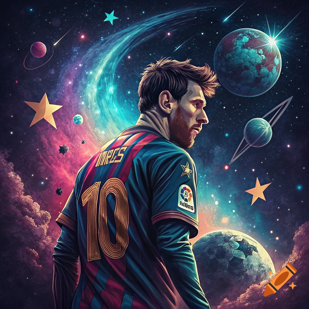 Portrait of Lionel Messi in a FC Barcelona jersey, looking back over ...