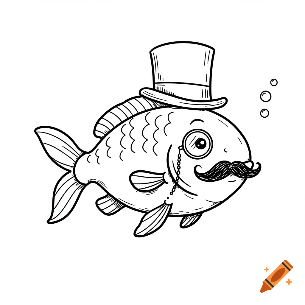 A simple drawing of a fish wearing a top hat, monocle, and mustache on ...
