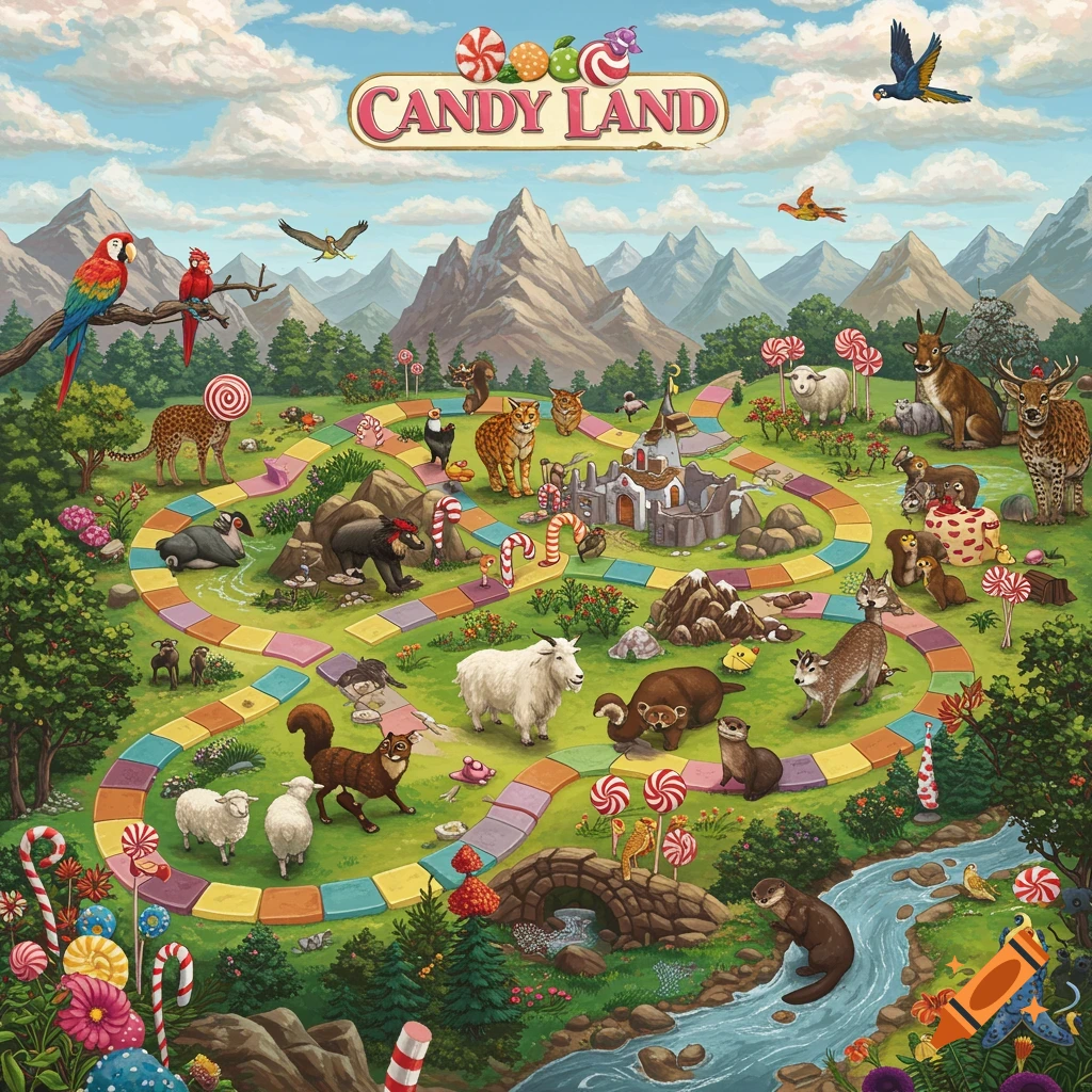 A whimsical image of the Candy Land board game with animals filling the ...