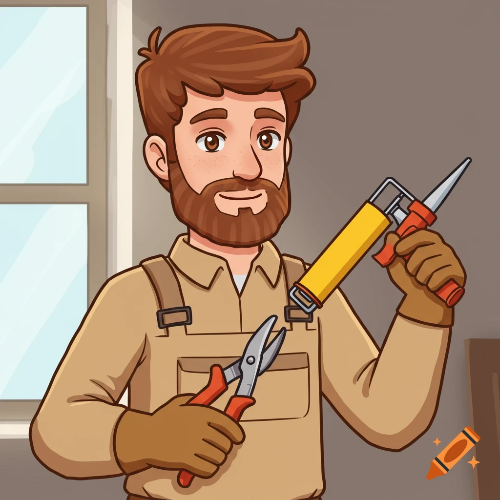 Cartoon construction worker avatar with snips and caulking gun on Craiyon