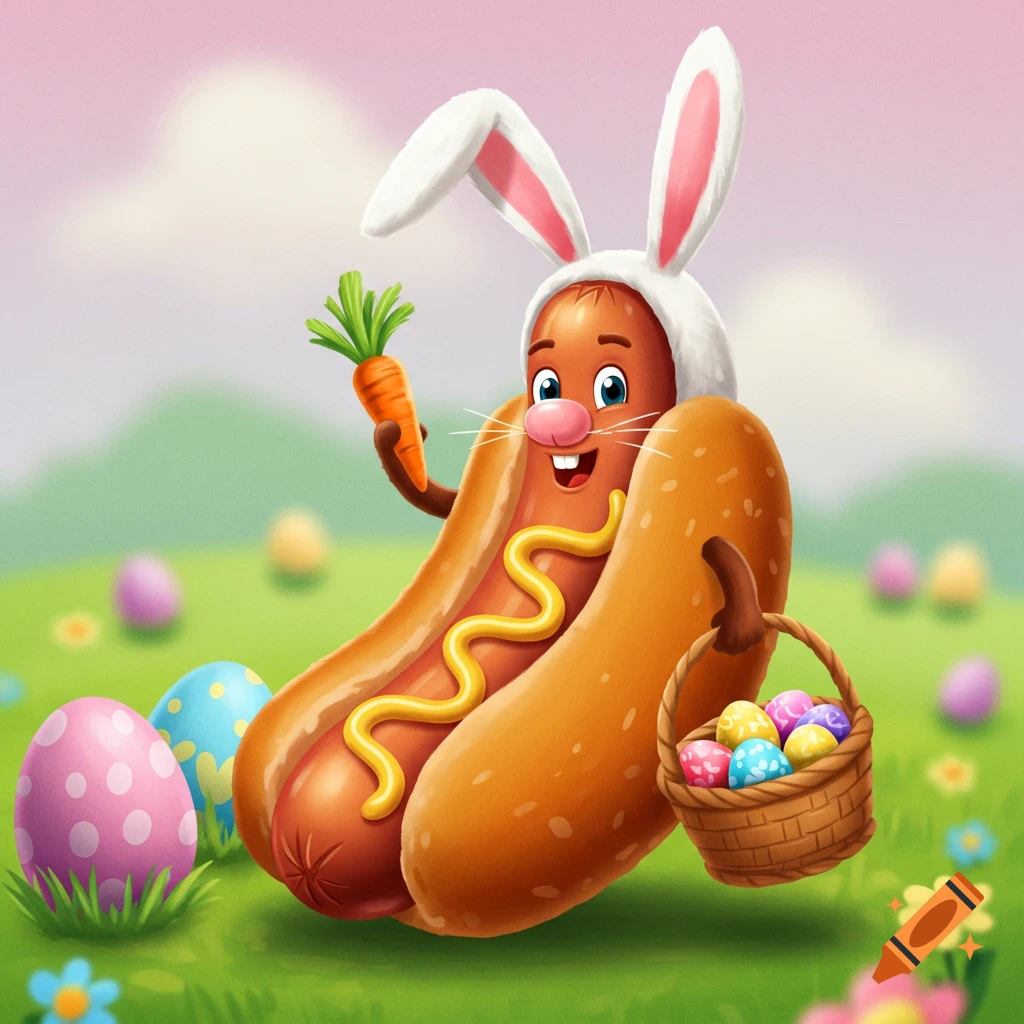 Illustration of melting red candy bunnies and chicks in an Easter basket with eggs. on Craiyon