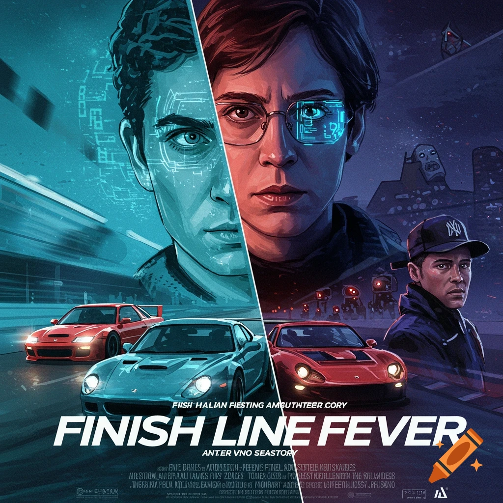 Movie poster split between two men, featuring sports cars, futuristic ...