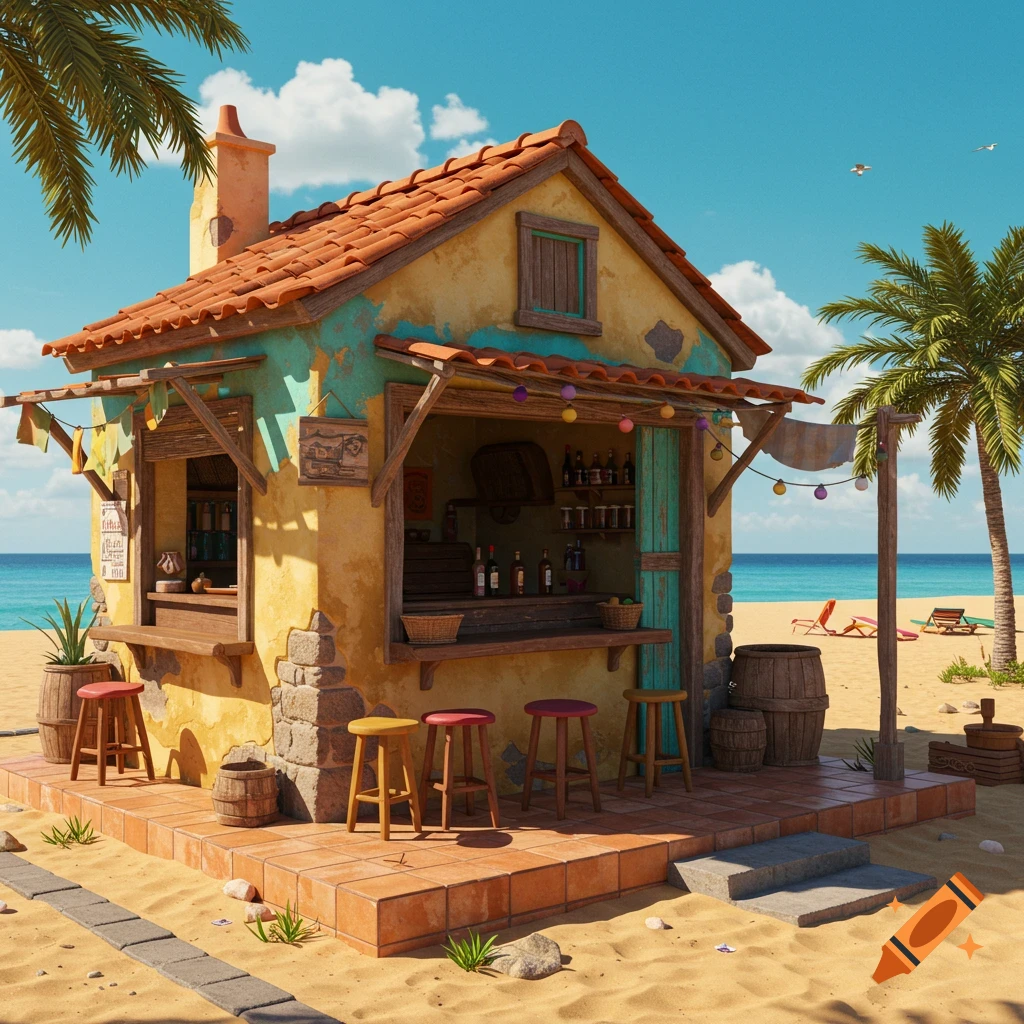 A charmingly wonky beach bar on a sandy beach with palm trees, ocean ...