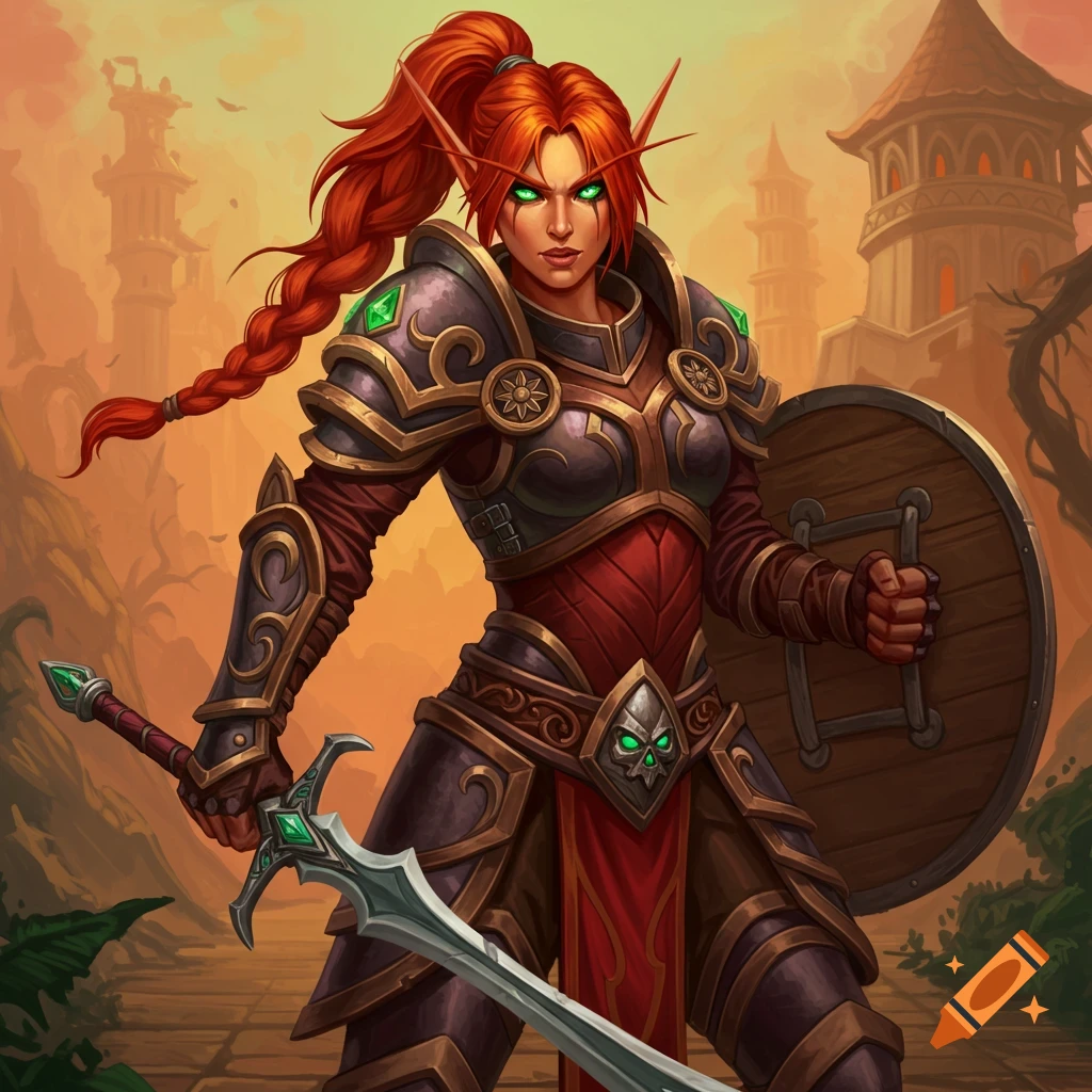 A female ginger elf warrior in armor holds a sword and shield in a ...