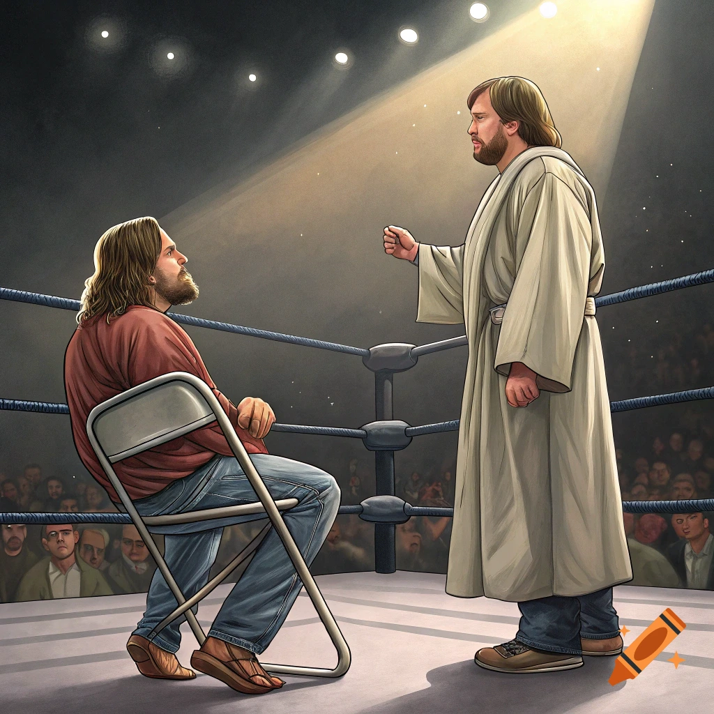 Jesus Christ attacking JD Vance with a steel chair in wrestling ring on ...