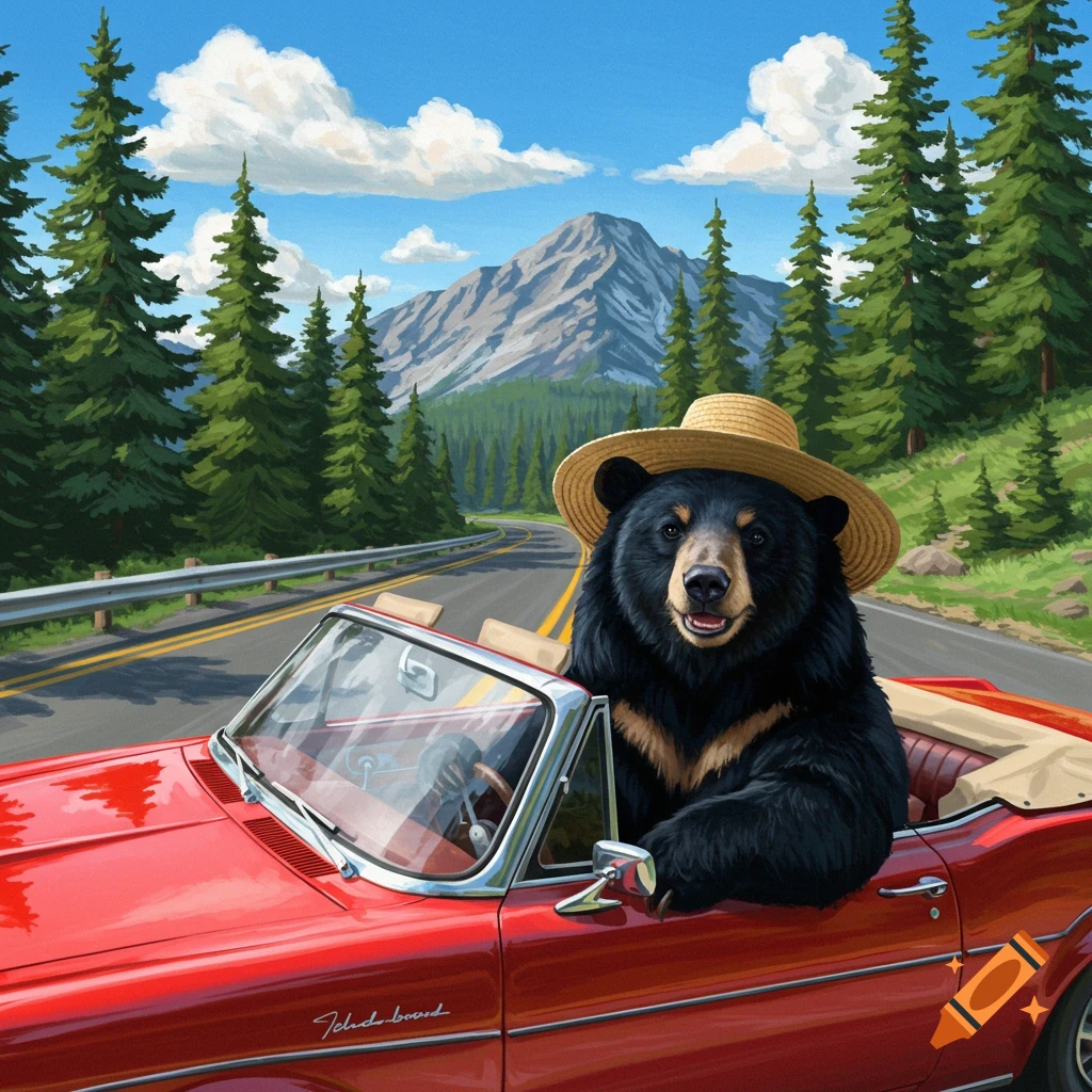 Black bear driving a red convertible car on Craiyon