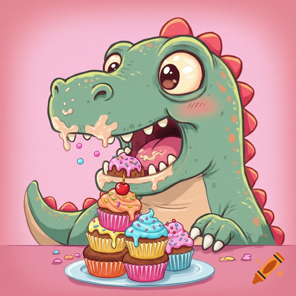 A funny cartoon dinosaur greedily eating cupcakes on Craiyon
