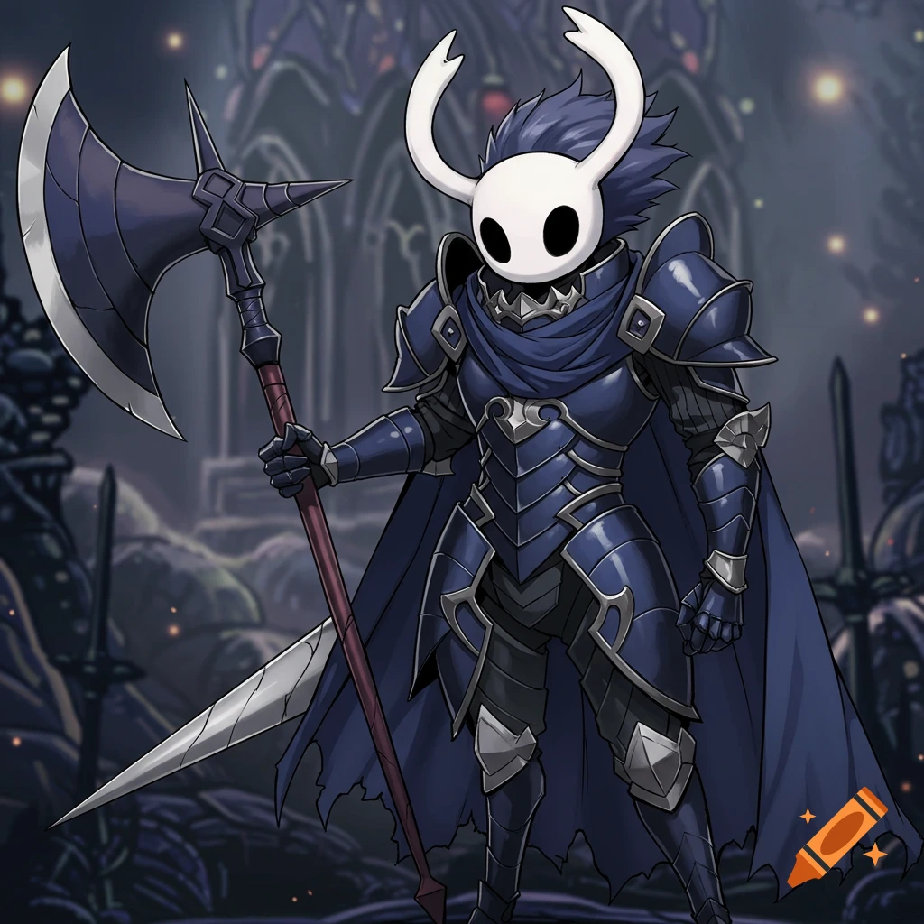 A dark figure with glowing eyes and a cloak, holding two swords, in a ...