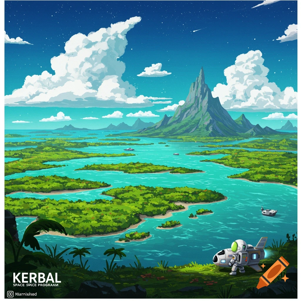 A Kerbal and spacecraft in a lush alien landscape with river and ...