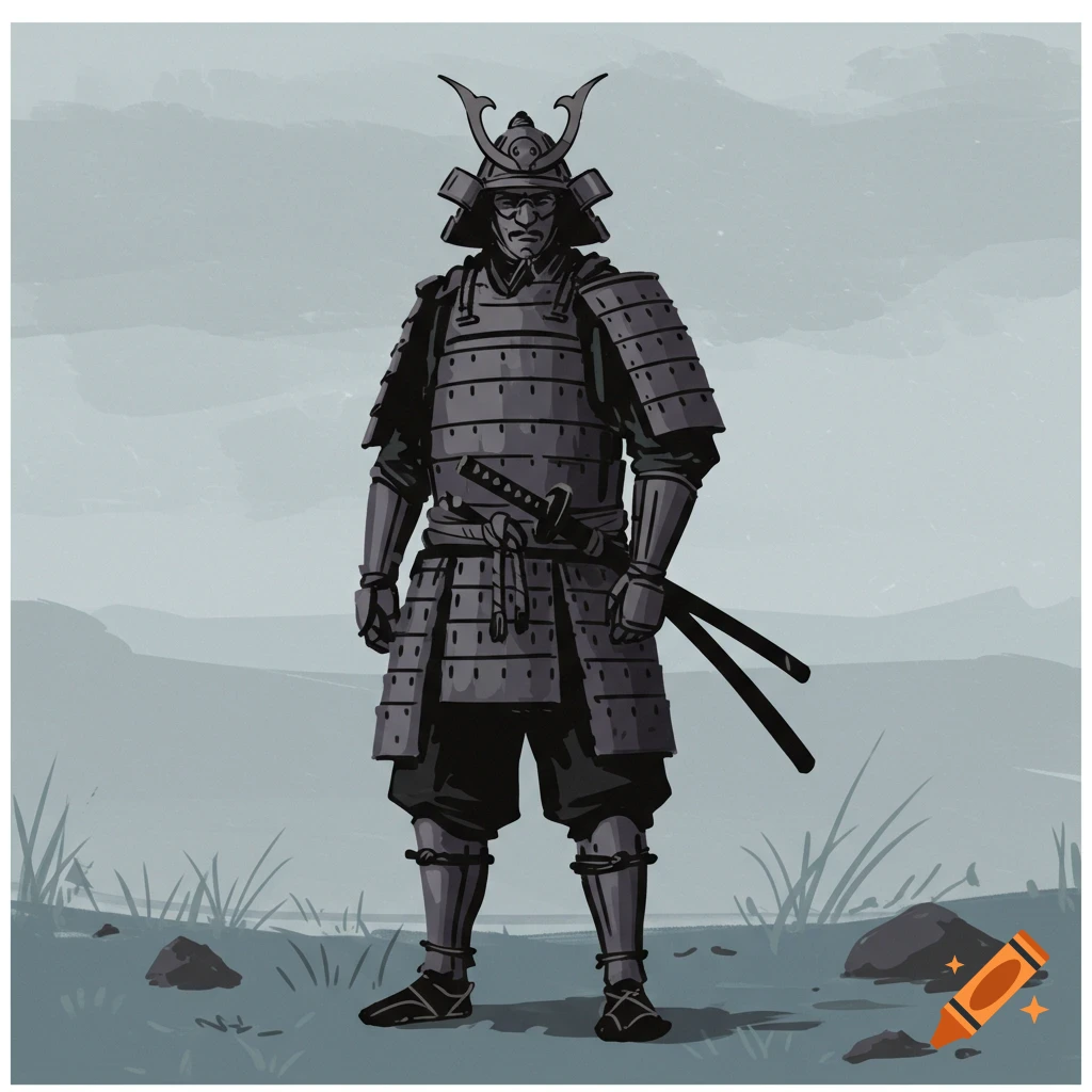 Anime-style illustration of a samurai in blue and red armor standing in ...