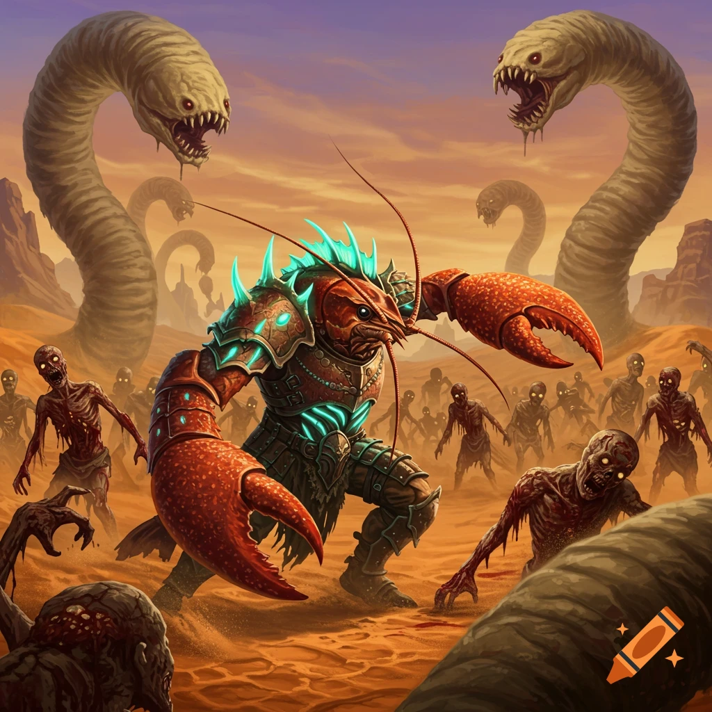 Warrior crayfish fighting zombies and sandworms in desert on Craiyon