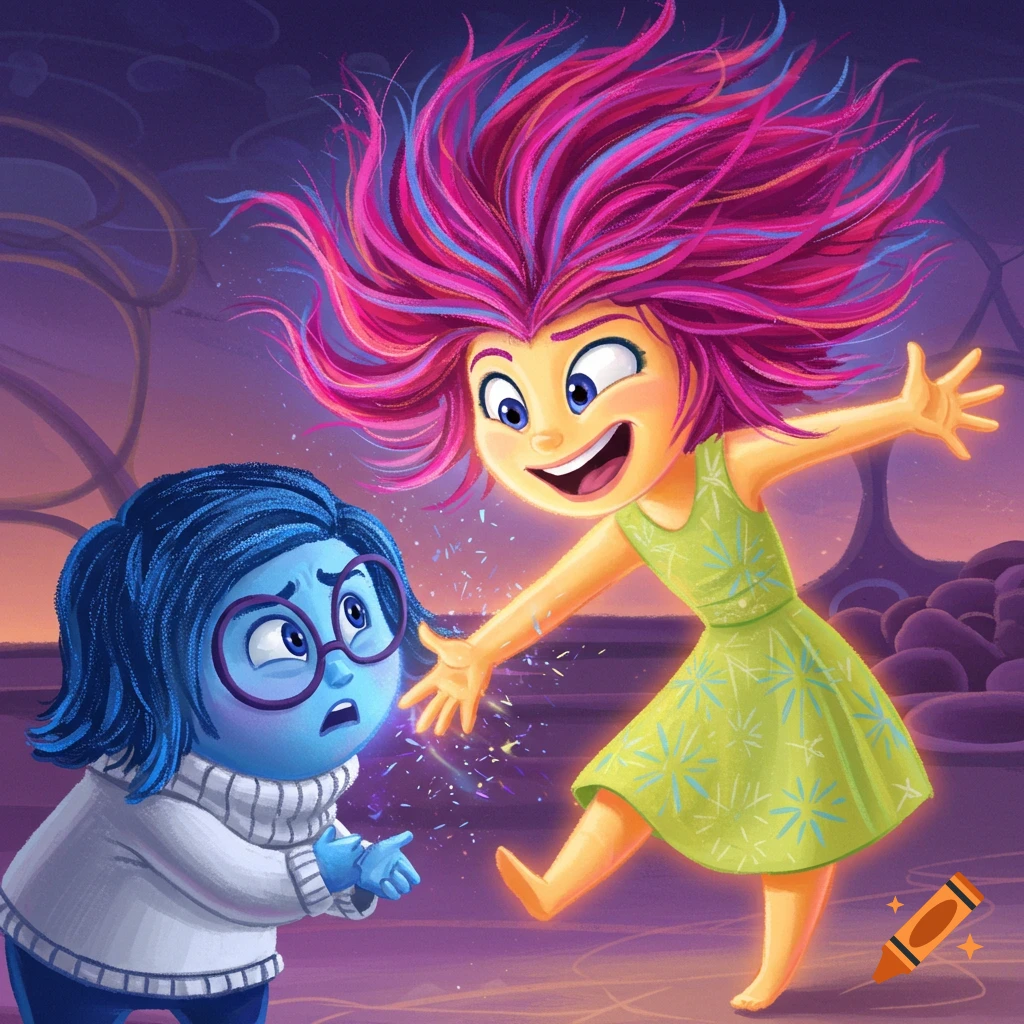 Cartoon characters Joy and Sadness from Inside Out. Energetic Joy ...